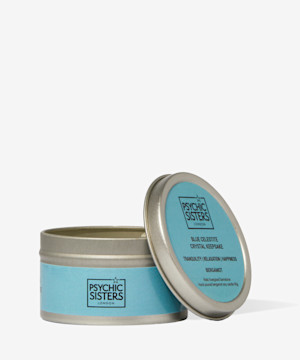 Psychic Sisters Gem Stone Tin Candle in Blue Celestite at BEAUTY BAY